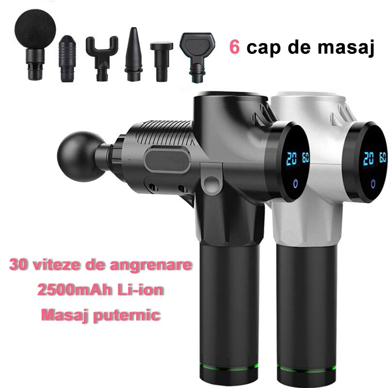 Aparat de masaj Gun 6 capete interschimbabile 20 trepte de viteza LED ...