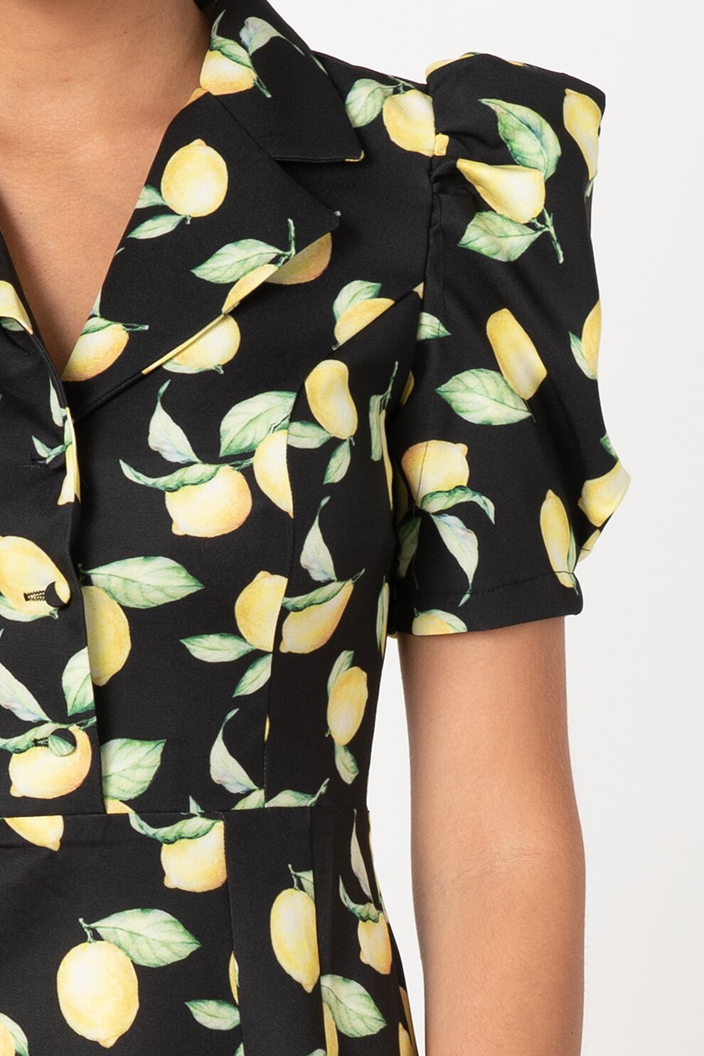 Trendyol, Rochie evazata cu model cu lamai, Verde, Negru, 34 - eMAG.ro