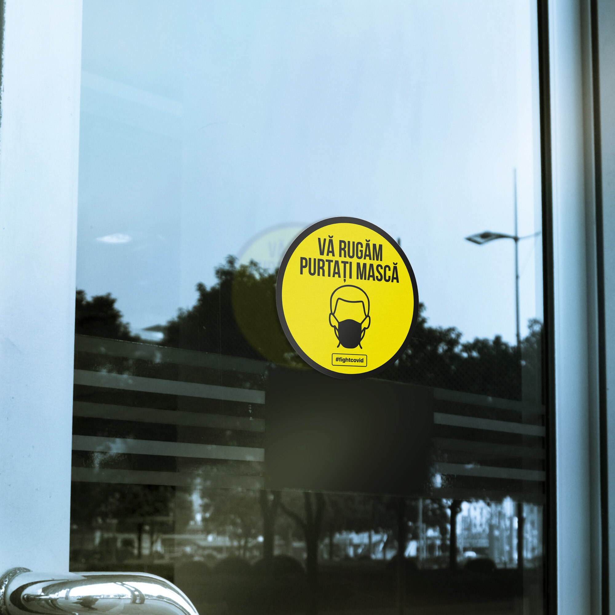 Autocolant informativ Covid-19, "Va rugam purtati masca", cerc, galben ...