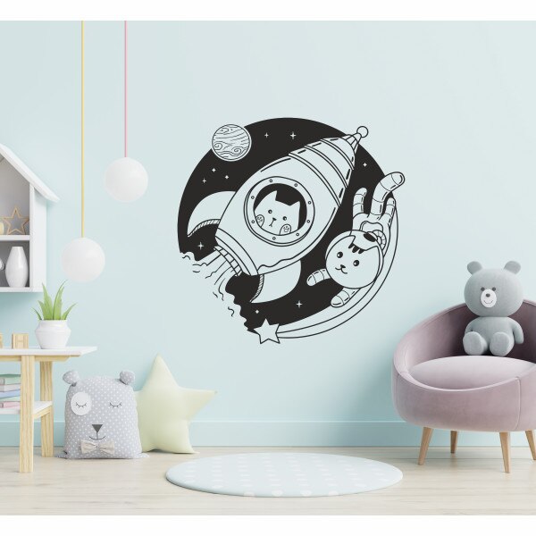 Sticker decorativ, autocolant perete copii, nava spatiala cu pisici ...