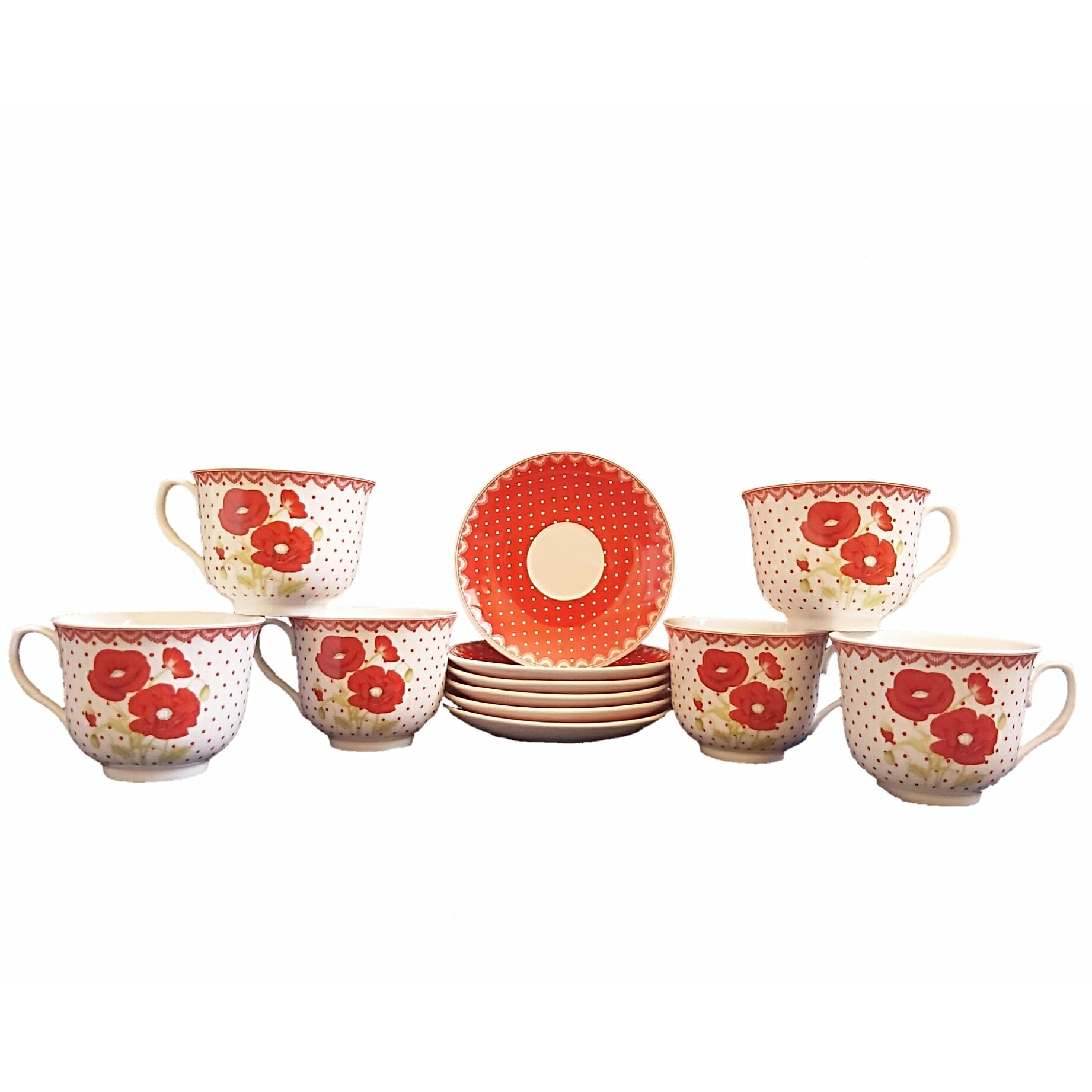 Set cafea de lux, 12 piese, portelan, cu maci, alb/rosu, in cutie cadou ...
