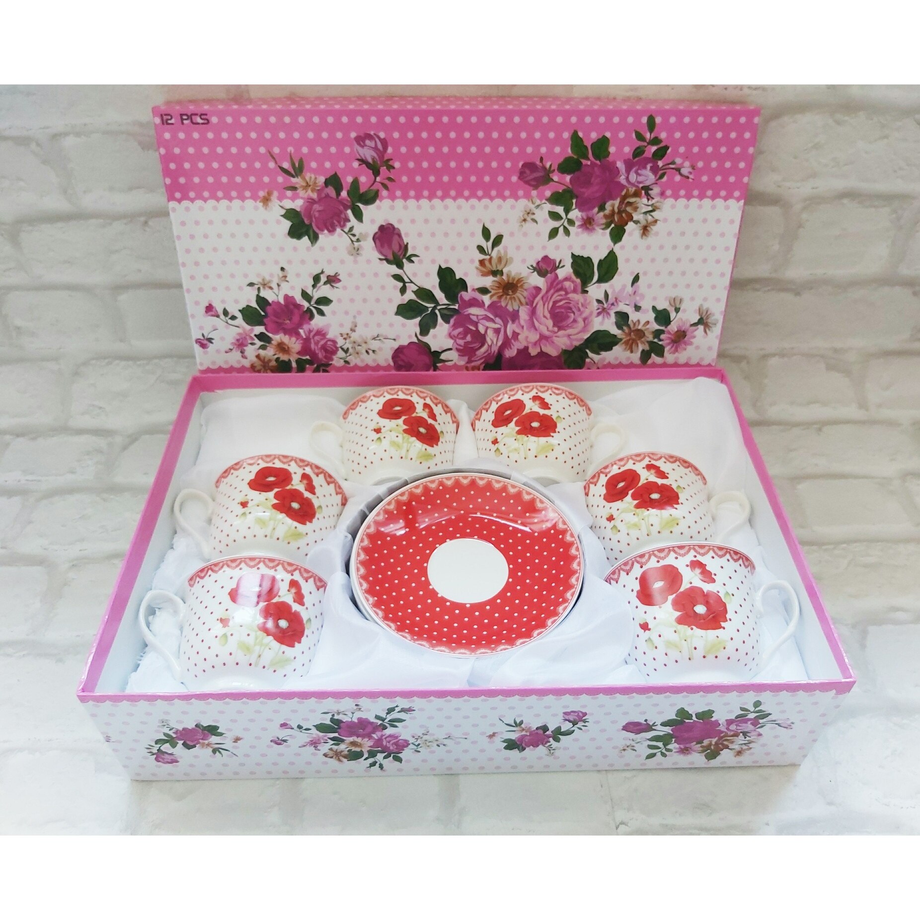 Set cafea de lux, 12 piese, portelan, cu maci, alb/rosu, in cutie cadou ...