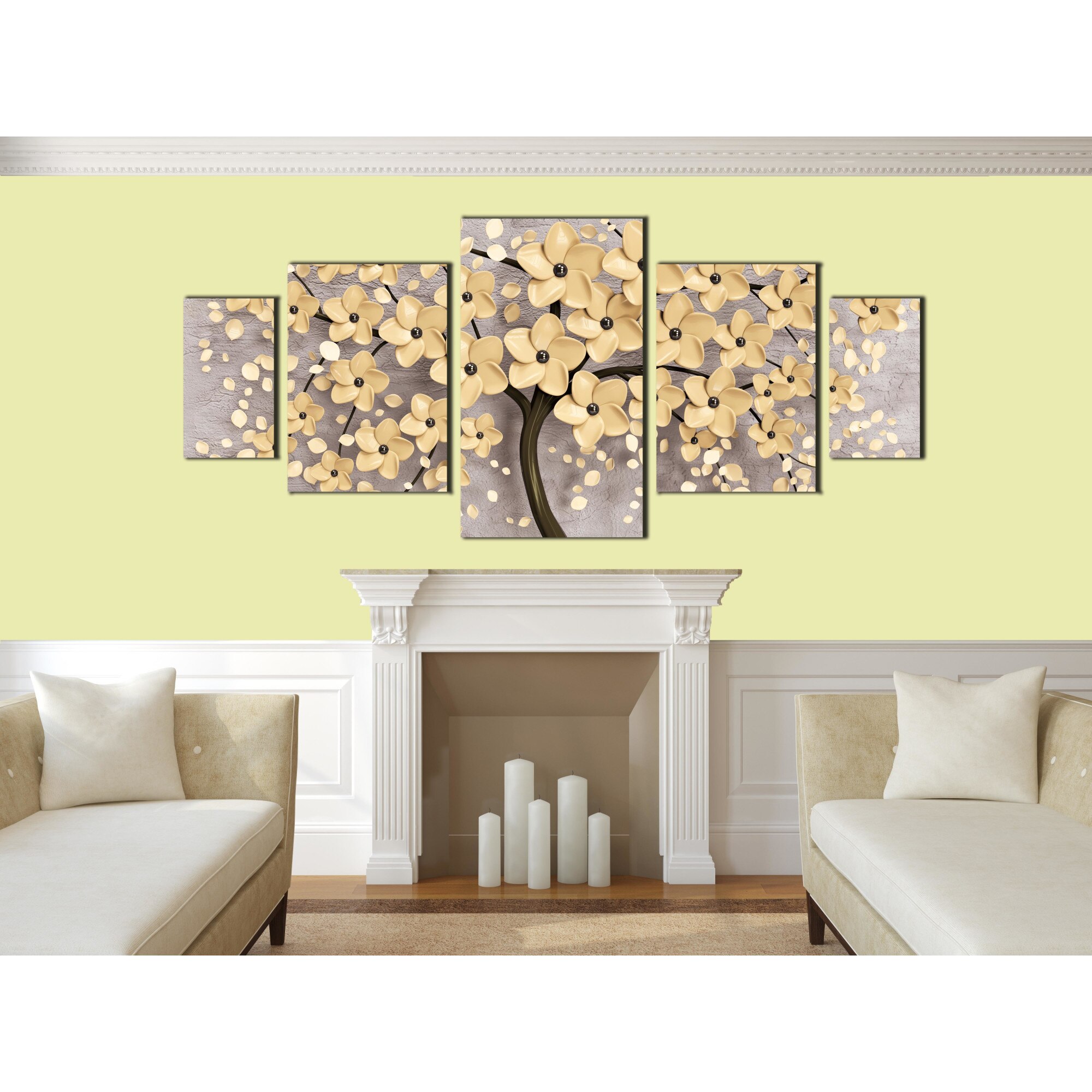 Tablou Modular, 5 piese, 70 x 150cm, copac flori 3d aurii - eMAG.ro