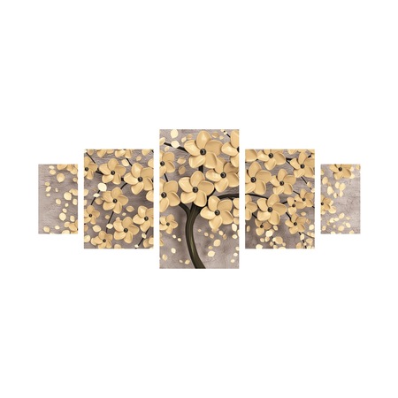 Tablou Modular, 5 piese, 70 x 150cm, copac flori 3d aurii - eMAG.ro