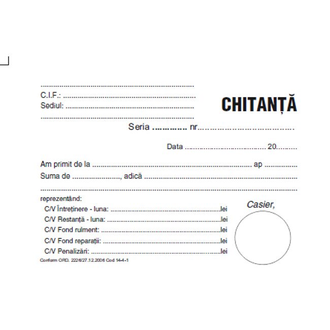 Chitantier nepersonalizat, format A6, autocopiativ, in 2 exemplare ...
