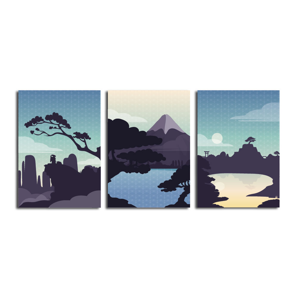 Set Tablouri Canvas 3 piese, Colectia Japoneza Peisaj Spiritual Nocturn ...