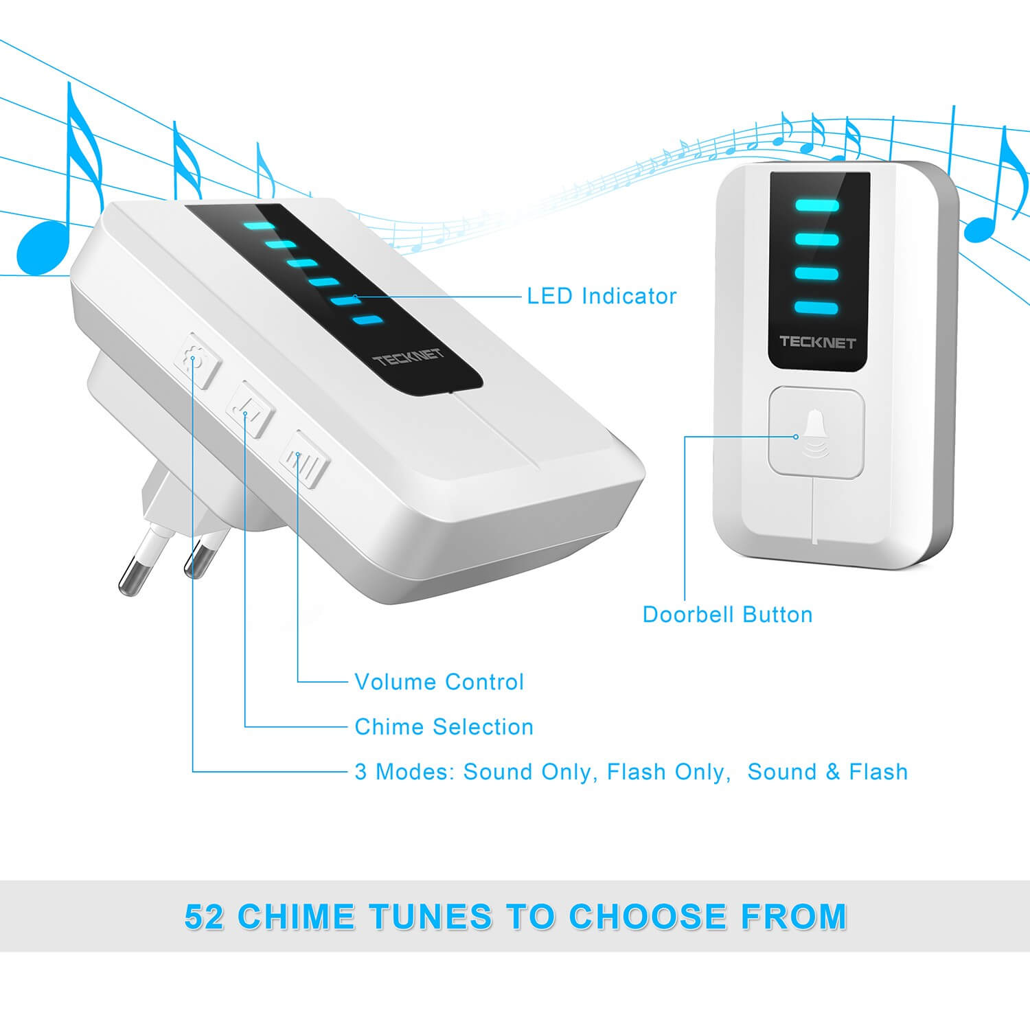 Безжичен звънец с два предавателя за входна врата TeckNet WA848 Plug-In ...