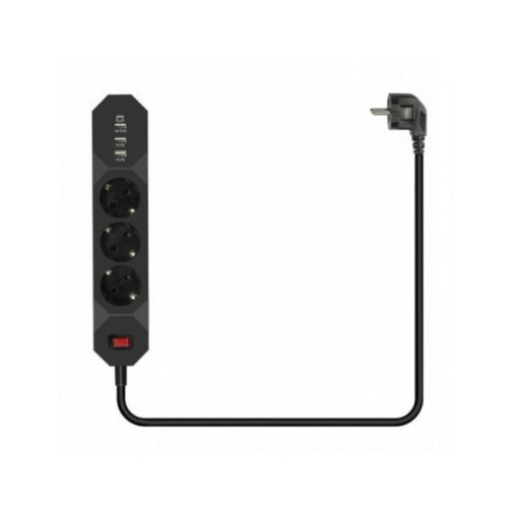 Prelungitor cu priza multipla, 3 posturi, 3 porturi USB, Gonga® Negru ...