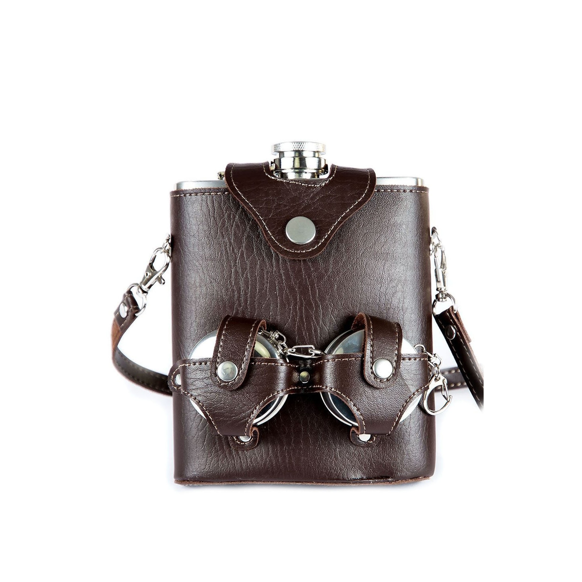 Plosca din inox in toc din piele ecologica maro,2 pahare pliabile ...