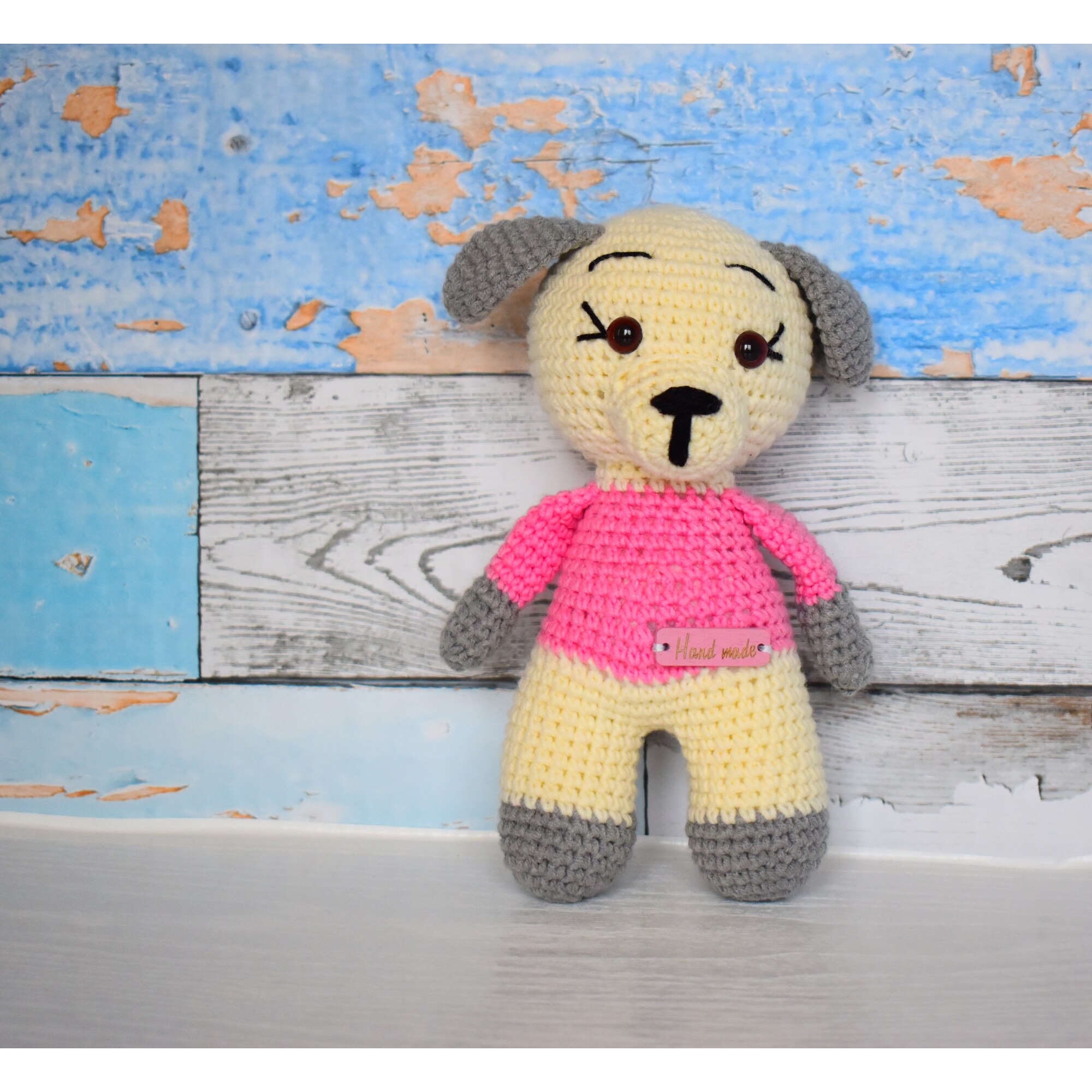 Jucarie crosetata manual, catel alb cu roz, fire certificate ...