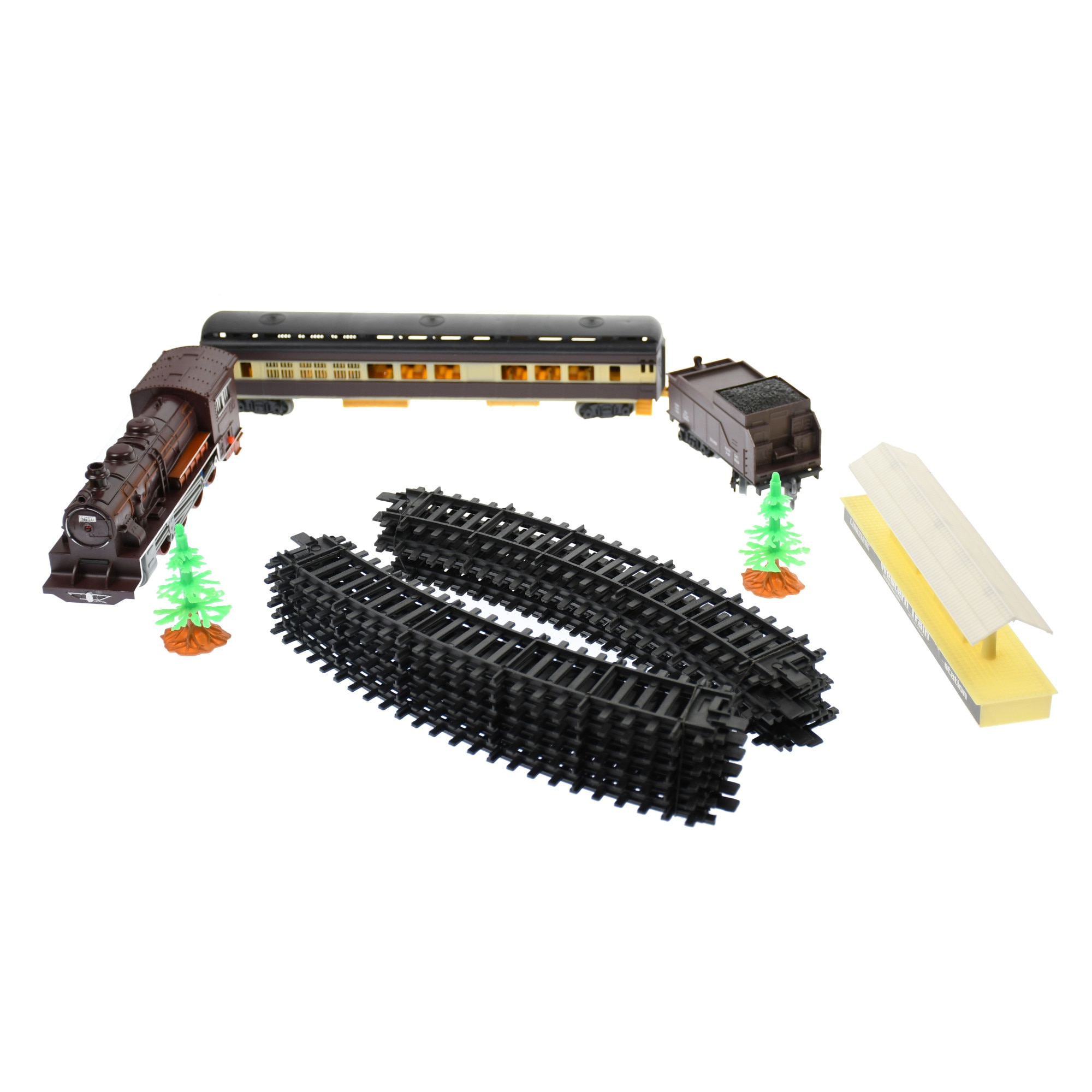 Set trenulet electric cu locomotiva si 2 vagoane, sine, gara - 13022A ...