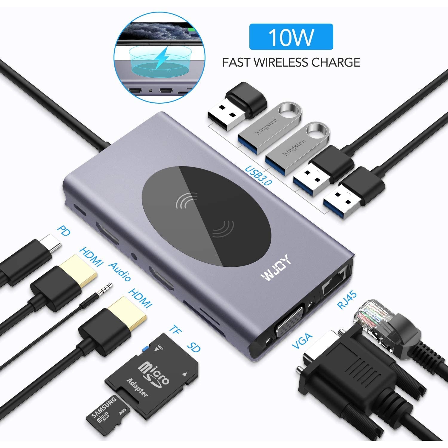 Wjoy 14in1 Hub-adapter, C típusú USB, 10 W, Gyors töltésű, Vezeték ...