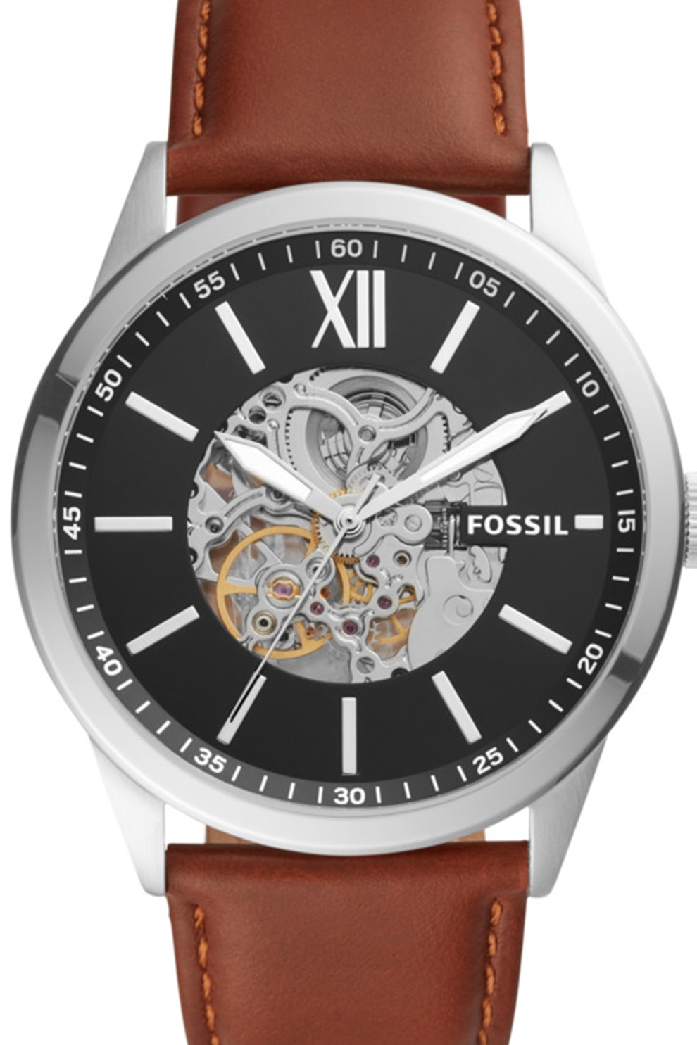 Fossil, Ceas automatic cu o curea de piele, Maro scortisoara/Argintiu ...