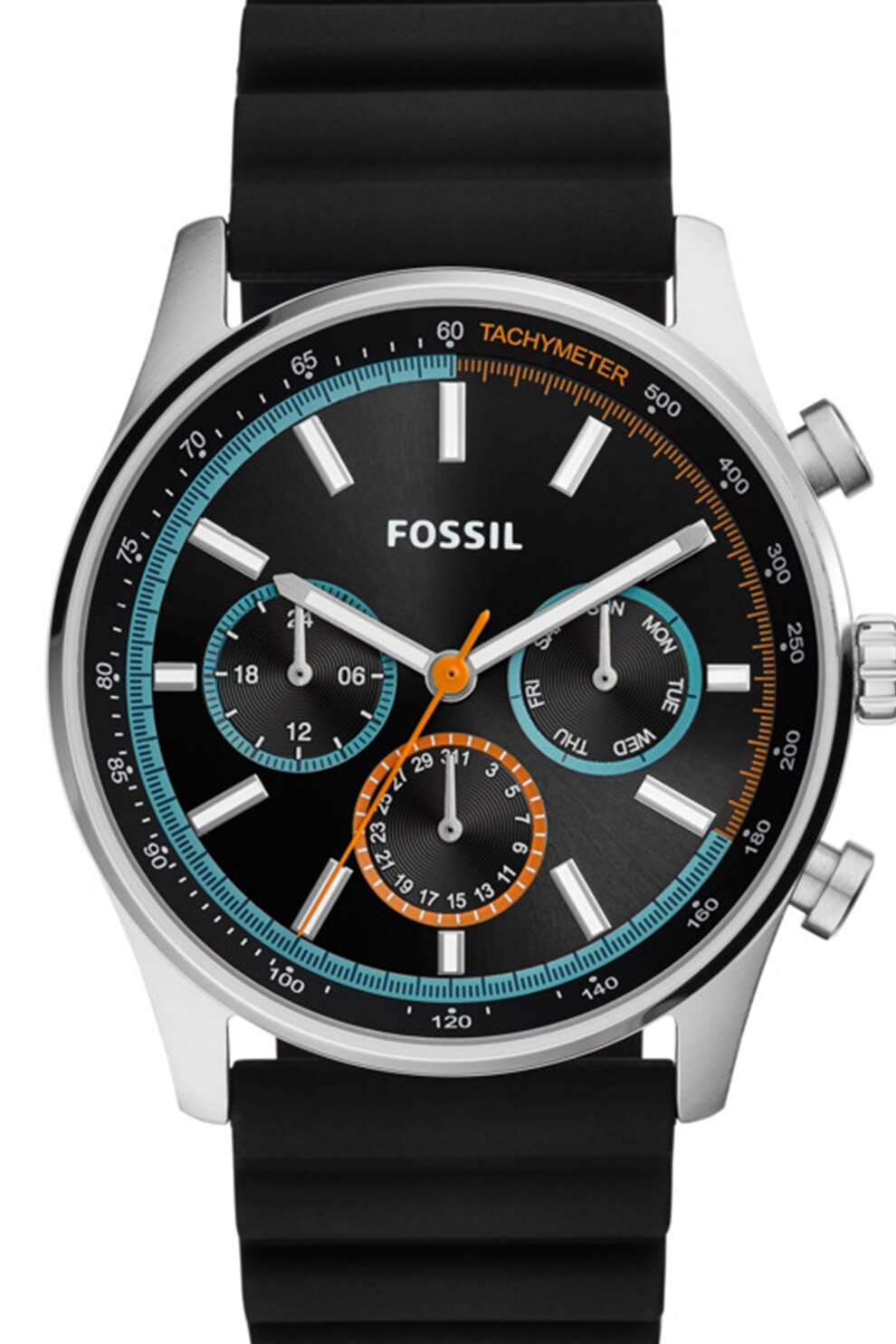 Fossil, Ceas cu o curea de silicon si functii multiple, Negru/Argintiu ...