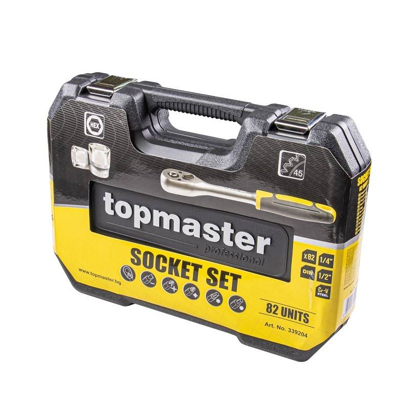 Trusa 82 tubulare Topmaster 339204, 1/4 si 1/2, Crom Vanadiu, antrenor clichet - eMAG.ro