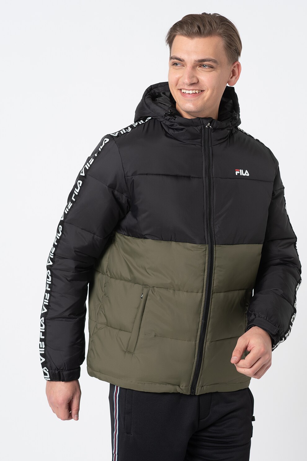 Fila, Geaca cu gluga Tanner, Negru/Verde militar, XL - eMAG.ro