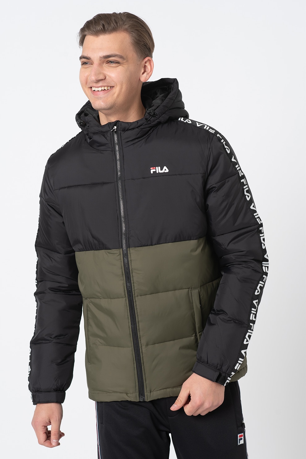 Fila, Geaca cu gluga Tanner, Negru/Verde militar, XL - eMAG.ro