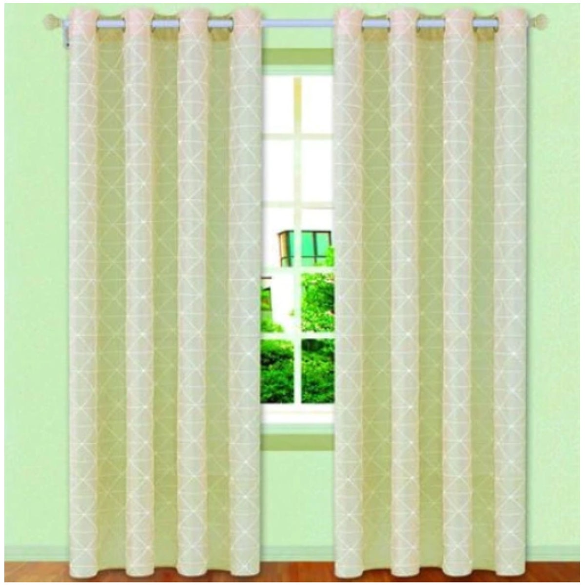 Set perdele crem, model dungi albe, prindere pe inele, 140 x 250 cm ...