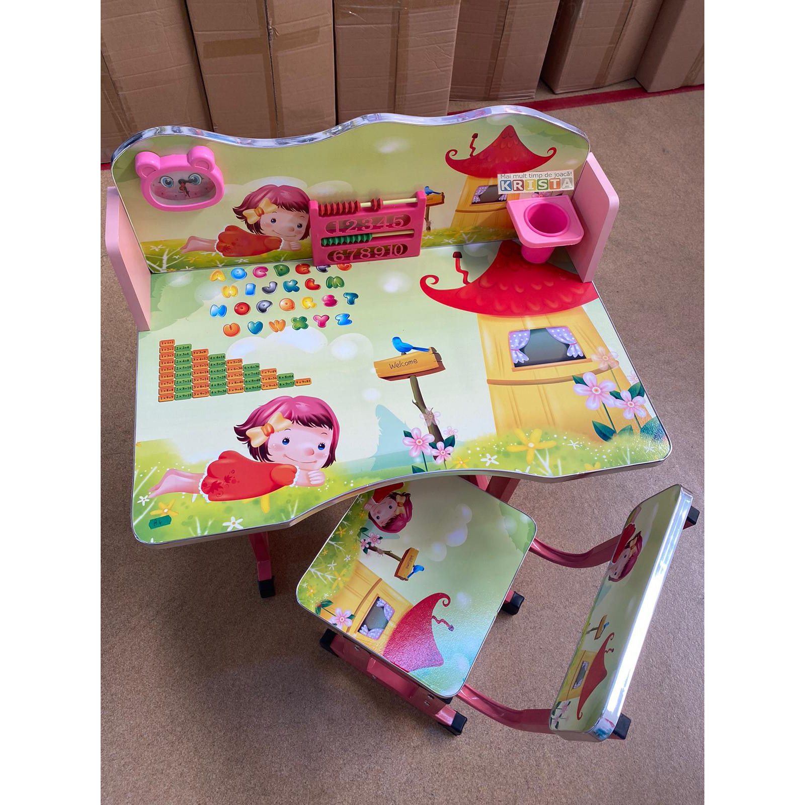 Birou cu scaun pentru copii, reglabile, cadru metalic si lemn, roz, Fly ...