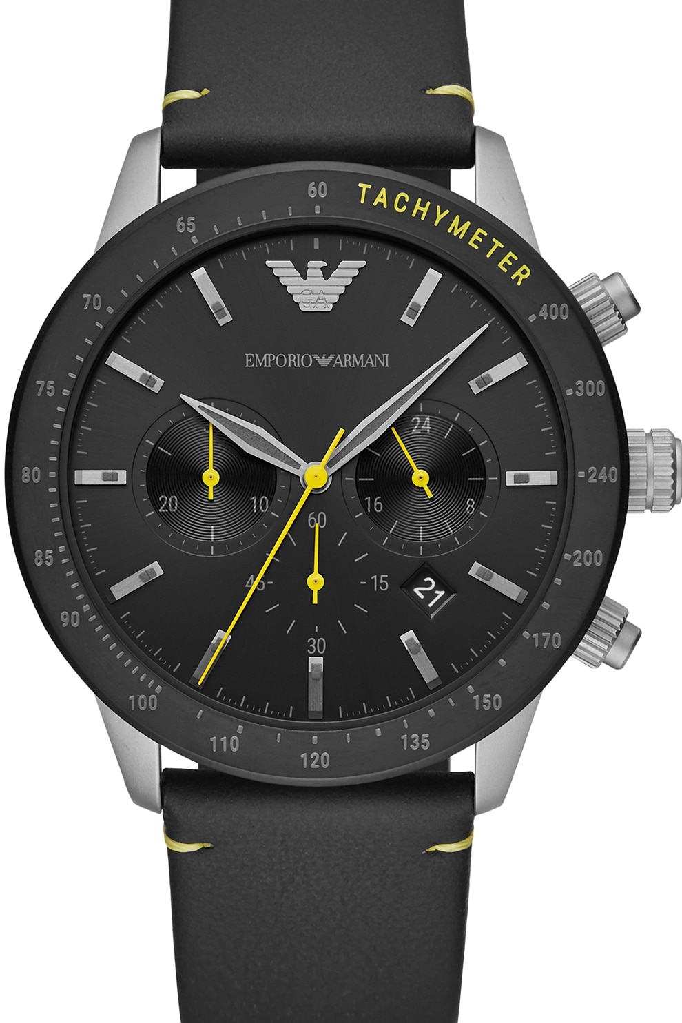 Emporio Armani, Часовник с хронограф и кожена каишка, Черен - eMAG.bg