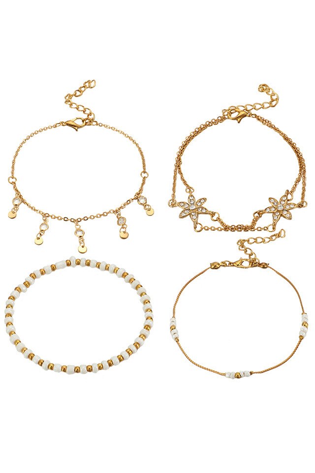 Set 4 bratari elegante de glezna, cu flori, cristale, margelute si ...