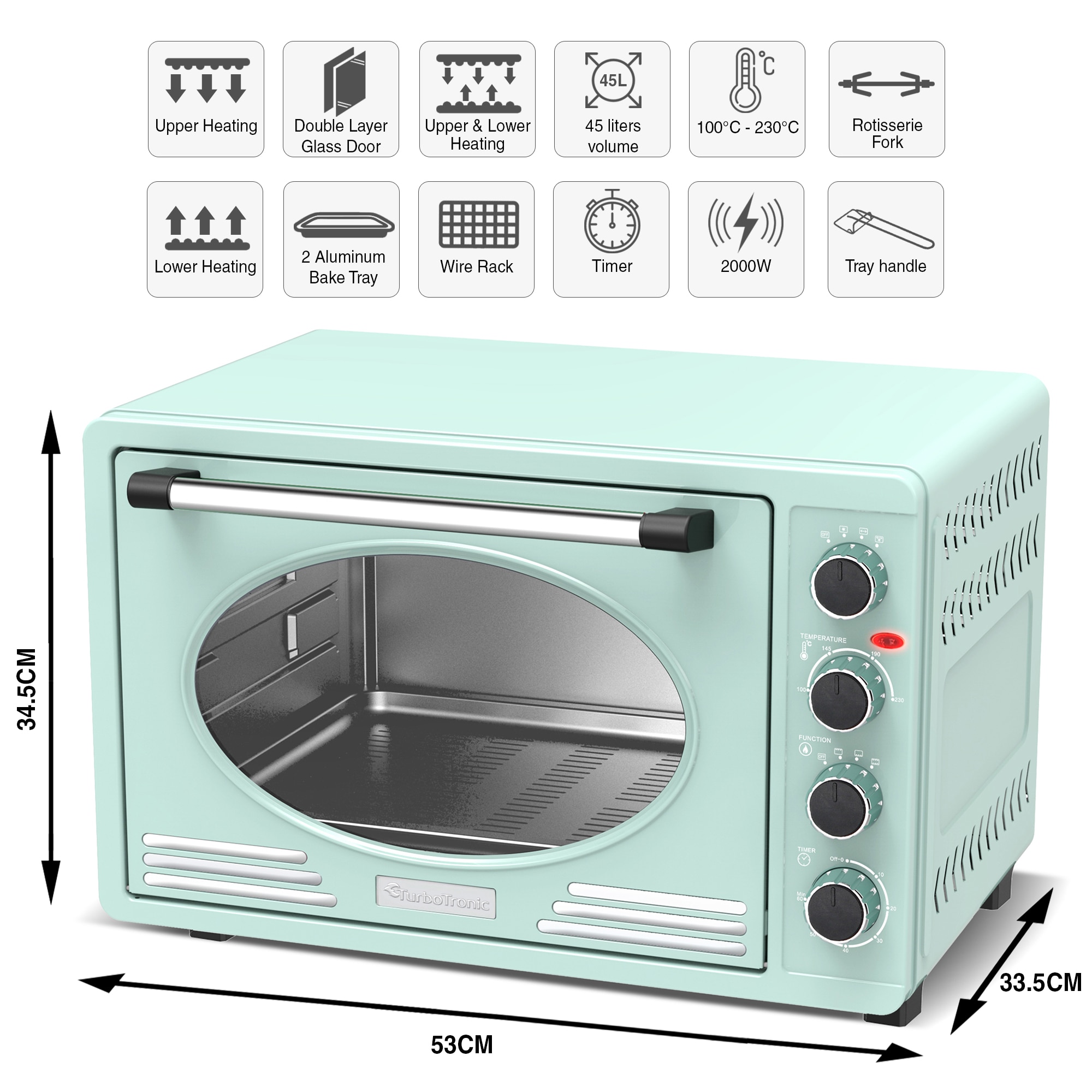 Cuptor Electric Convectie Retro TurboTronic TT-EV45R, 2000W, 230 de ...