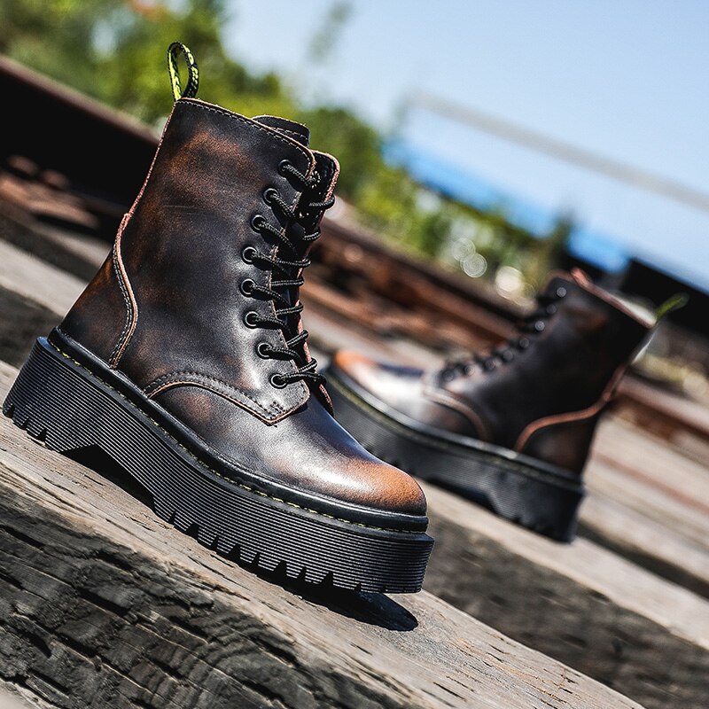 Bocanci piele naturala cu platforma Helter, ShoeFever, Vintage Brown ...
