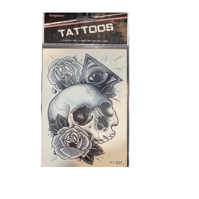 Tatuaj temporar alb-negru, craniu, trandafiri, piramida, 15 cm - eMAG.ro