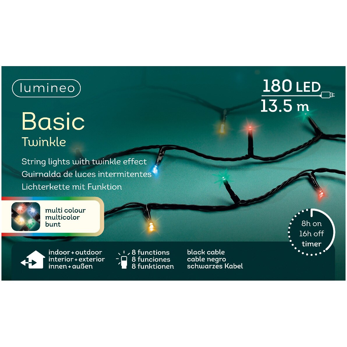 Instalatie Craciun Lumineo, 180 LED-uri, 1350 cm, lumina multicolora, 8 ...