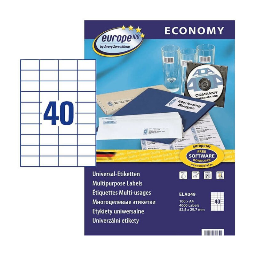 Комплект от 100 самозалепващи етикета, Avery Zweckform, 52,5 x 29,7 mm ...