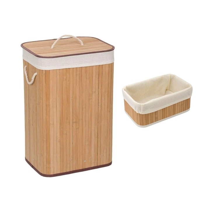 Set 2 Cosuri de rufe din lemn de bambus cu capac, Natur, 72 L, 40x30x60 ...
