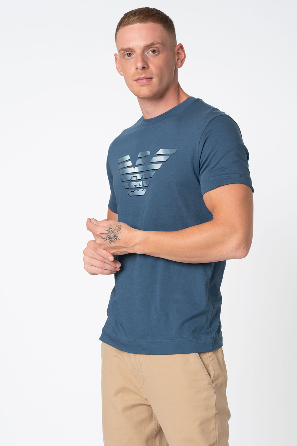 Emporio Armani, Памучна тениска с лого, Бензин синьо, 2XL - eMAG.bg