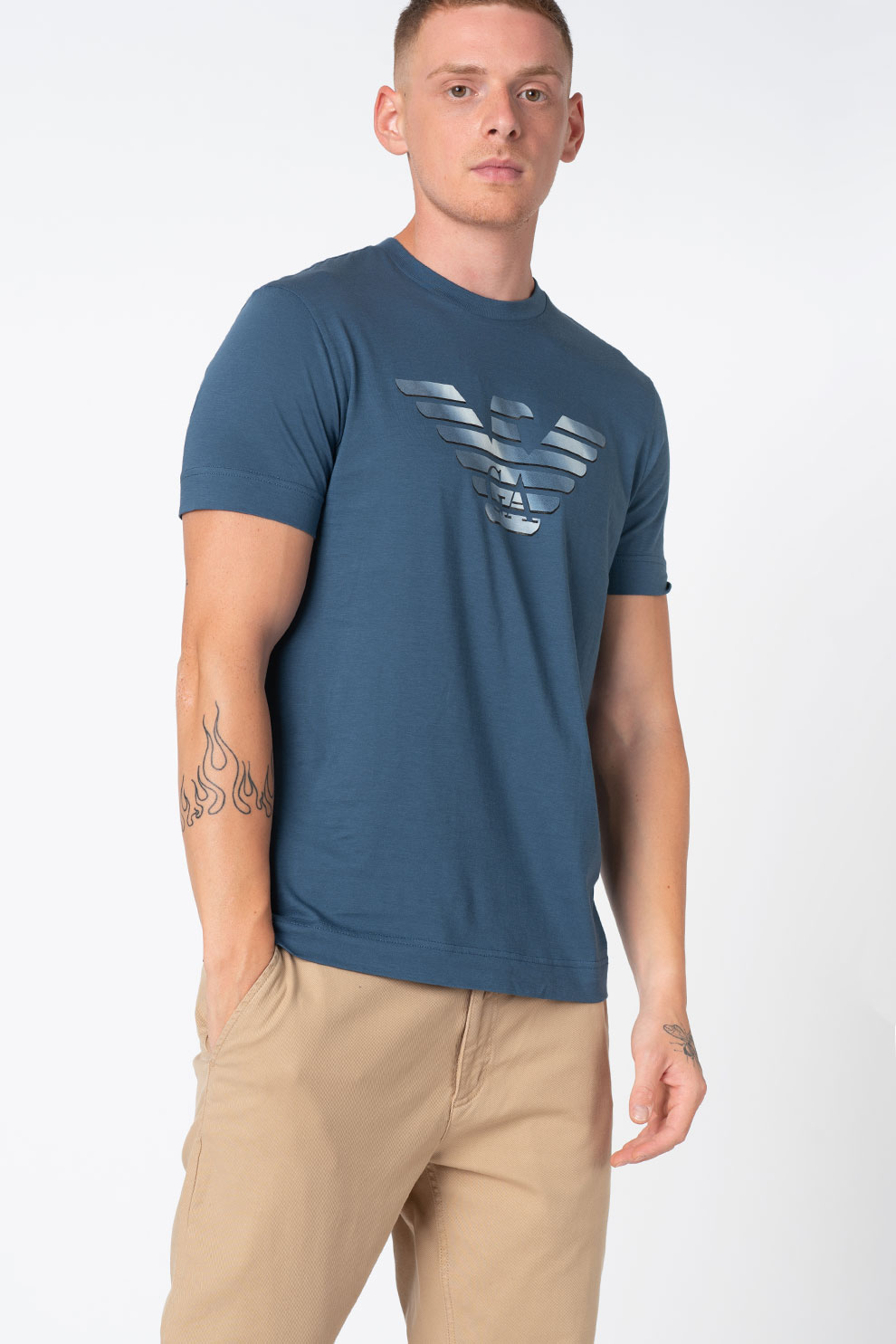 Emporio Armani, Памучна тениска с лого, Бензин синьо, 2XL - eMAG.bg