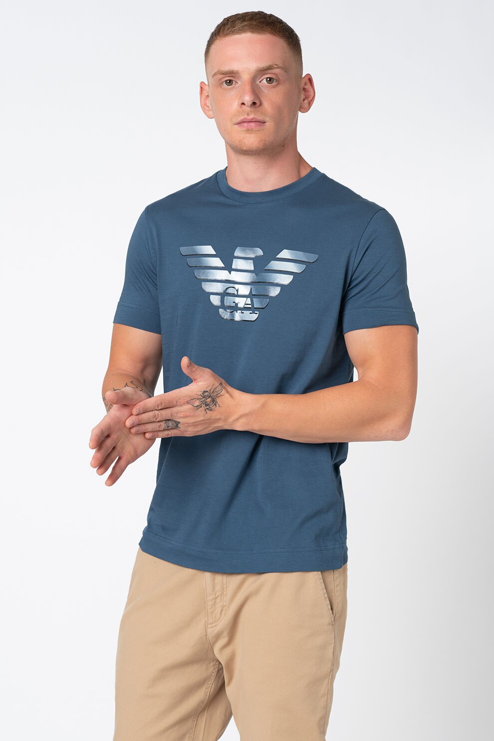 Emporio Armani, Памучна тениска с лого, Бензин синьо, 2XL - eMAG.bg