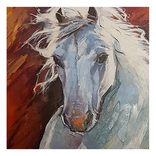 Cal alb pictura in ulei pe panza caserata pe MDF, 20x20cm, ArtDeco ...