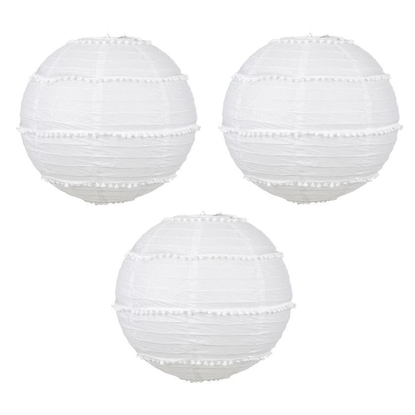 Комплект от три декоративни PomPom хартиени абажура, кошница, бели, 40 ...