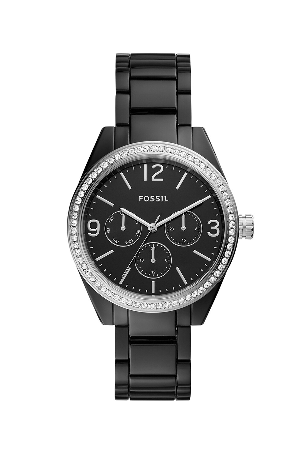 Fossil, Ceas cu functii multiple, decorat cu cristale, Negru - eMAG.ro