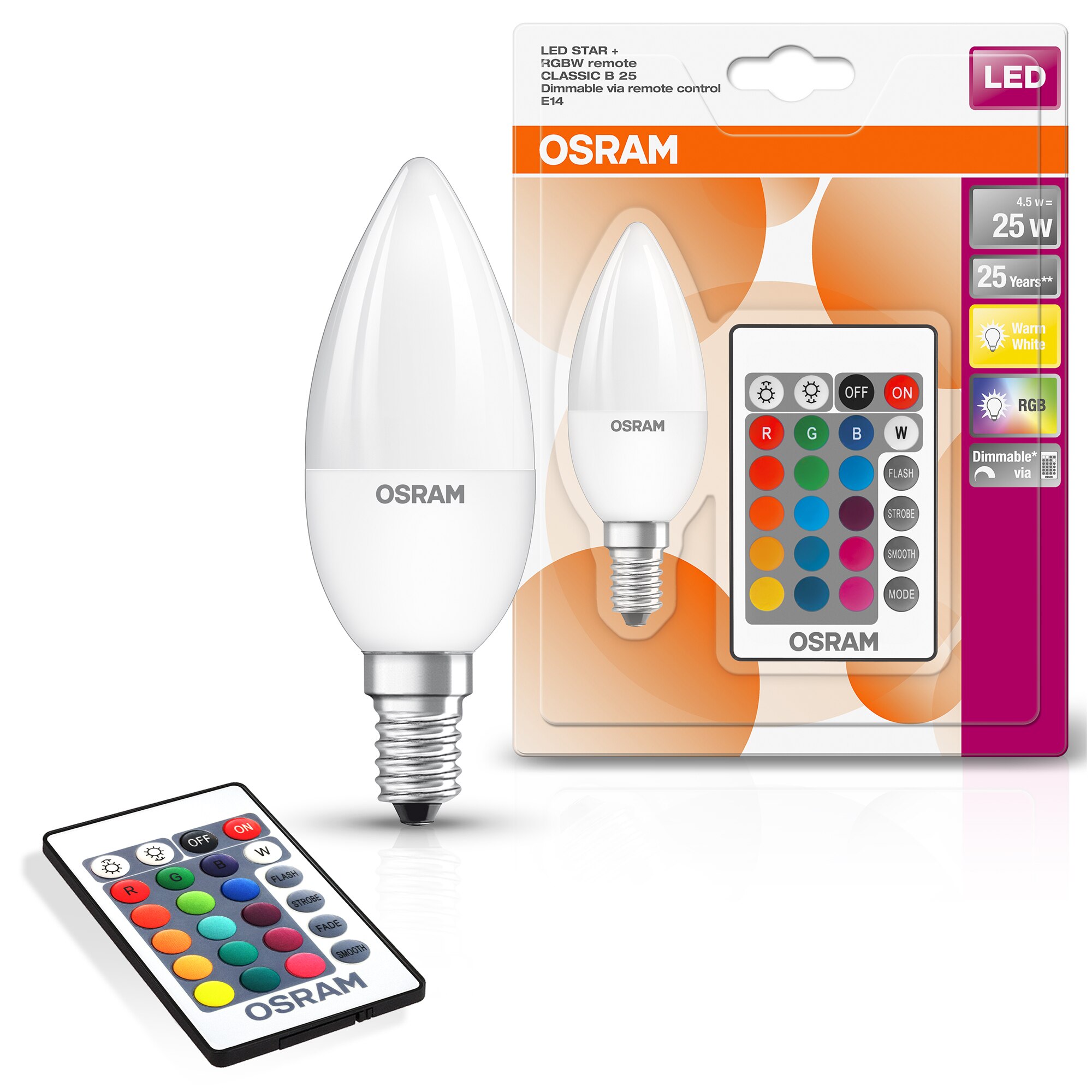 Крушка LED RGBW Osram Star, С дистанционно управление, E14, 4.5W (45W ...