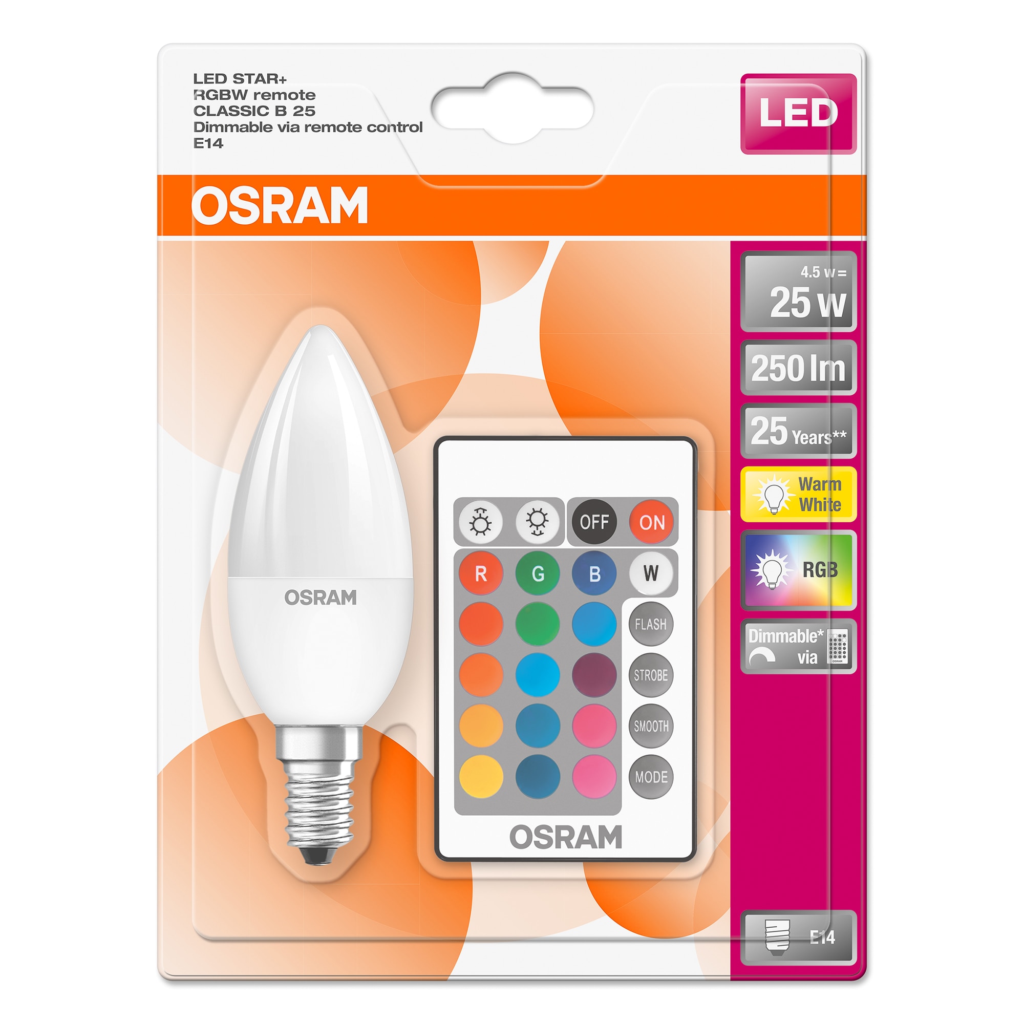 Крушка LED RGBW Osram Star, С дистанционно управление, E14, 4.5W (45W ...