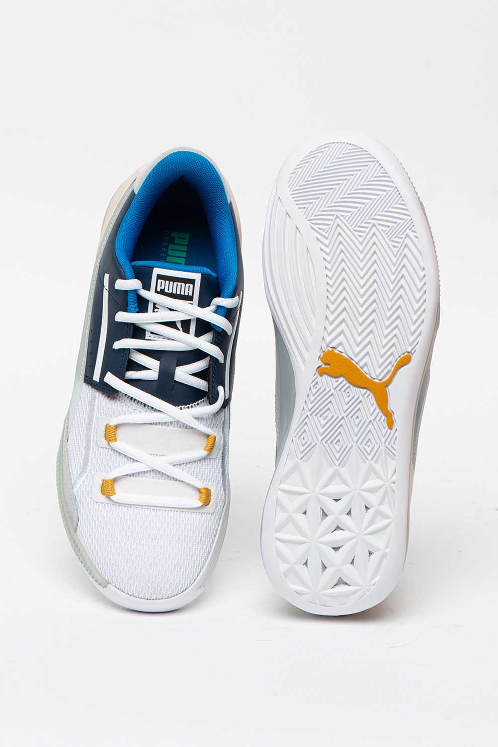 Puma, Pantofi pentru baschet Clyde Hardwood, Alb/Bleumarin, 7 - eMAG.ro