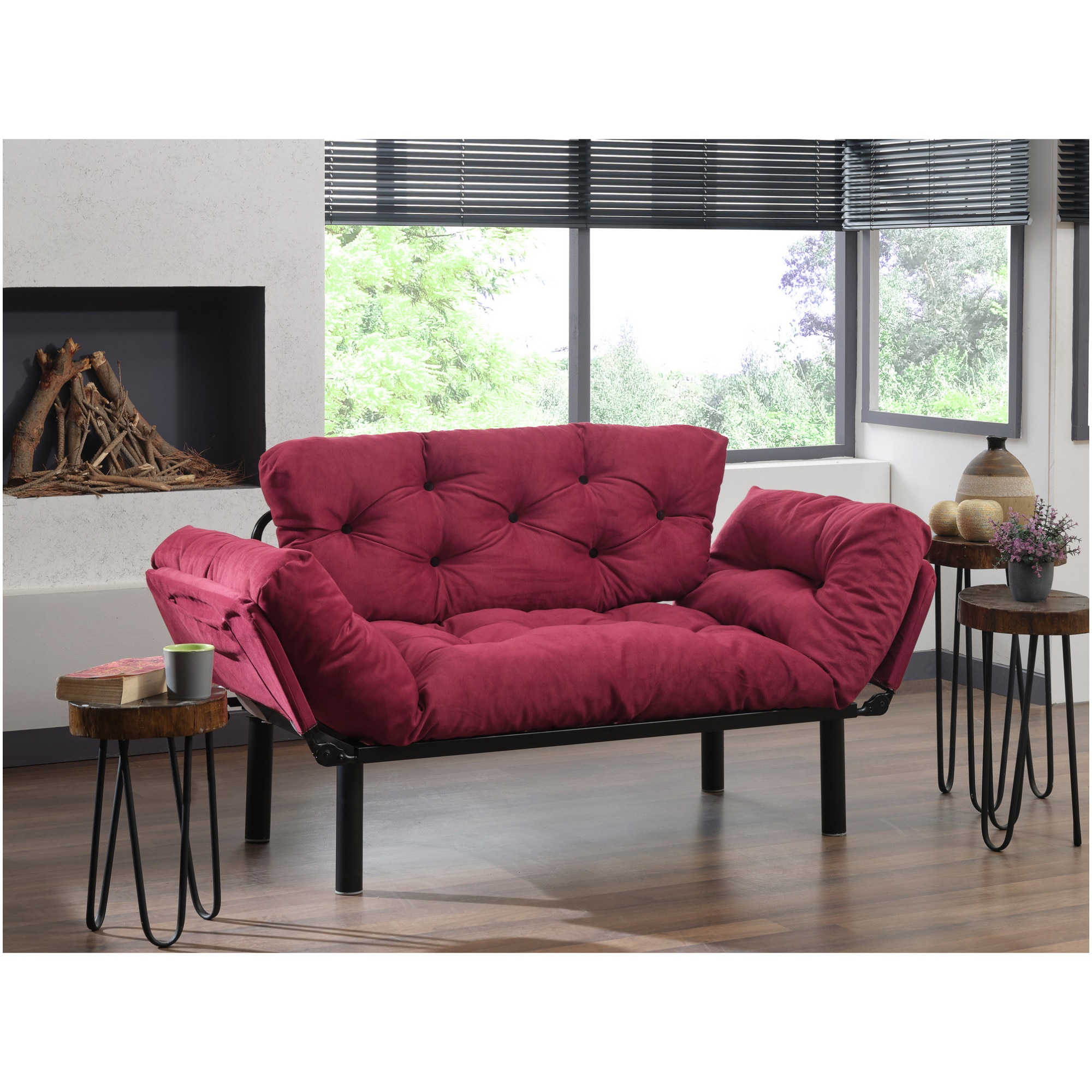 Диван FUTON ARONA, 2 места, Метална рамка, 155x85x73 см, Червен/Бордо ...