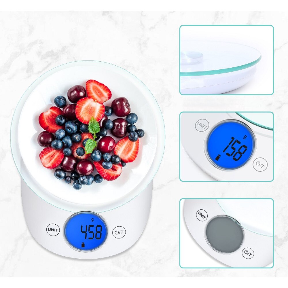 Cantar de bucatarie multifunctional, 5kg, Sticla securizata 4 mm, Functie tara, Functie ...