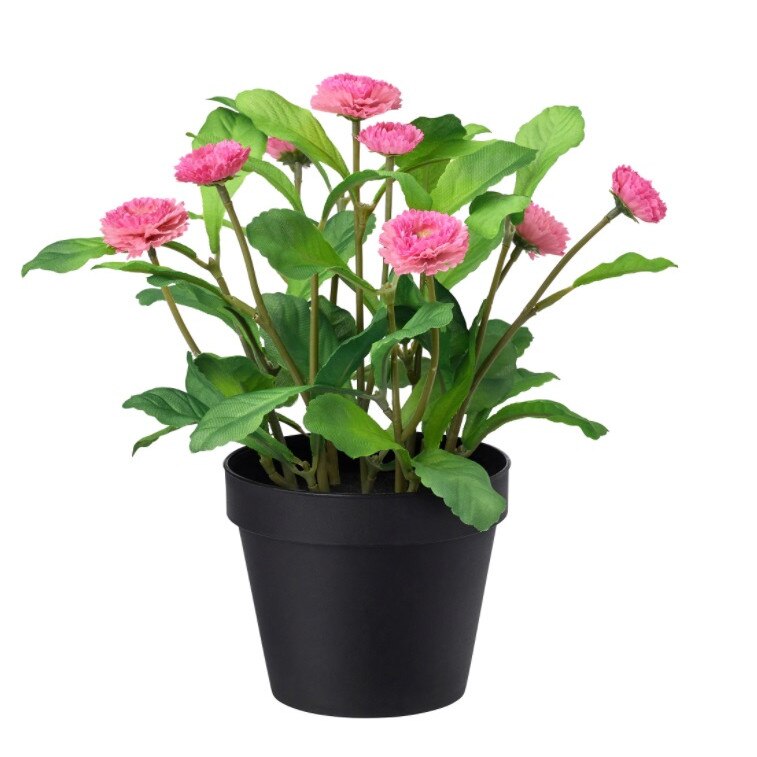 Floare artificiala cu frunze verzi, margareta roz in ghiveci, 25 cm ...