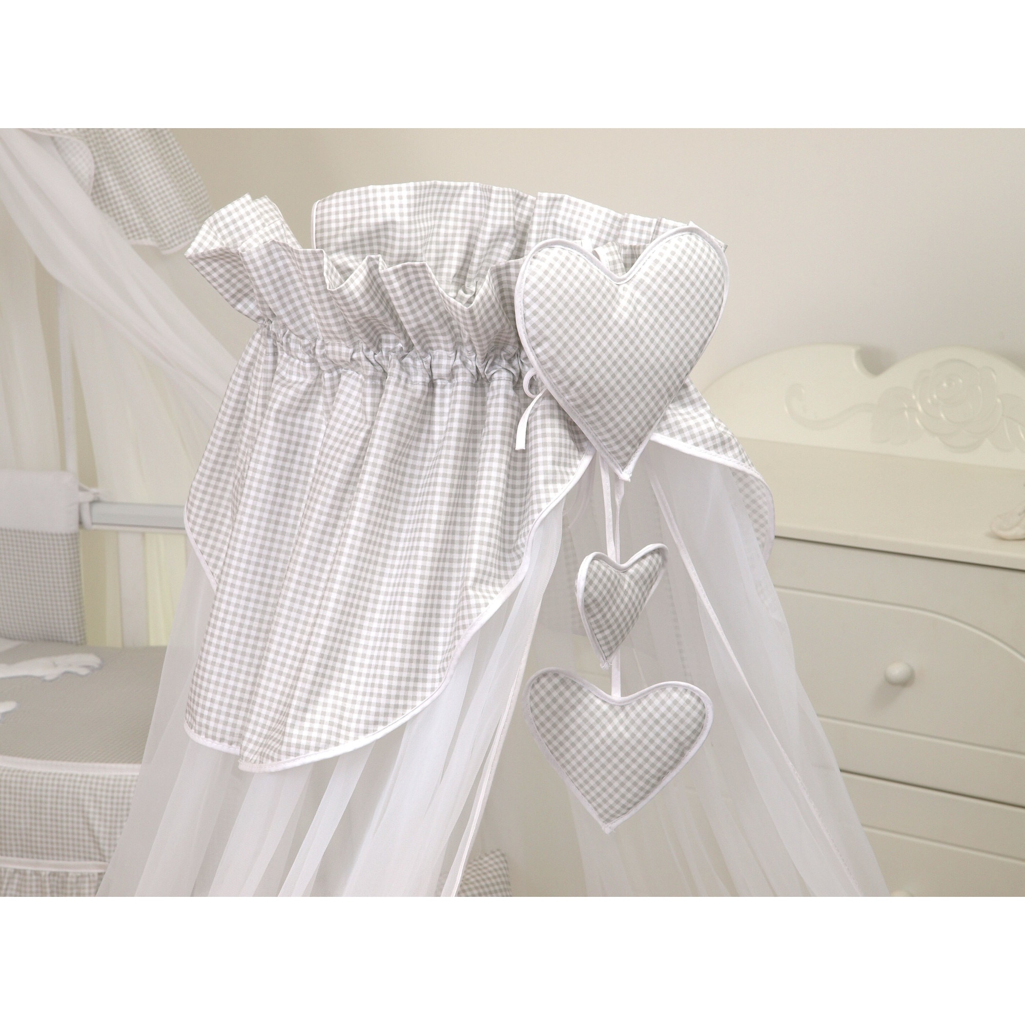 Cos bebe cu suport pe roti, saltea, lenjerie si baldachin, Bear Heart ...