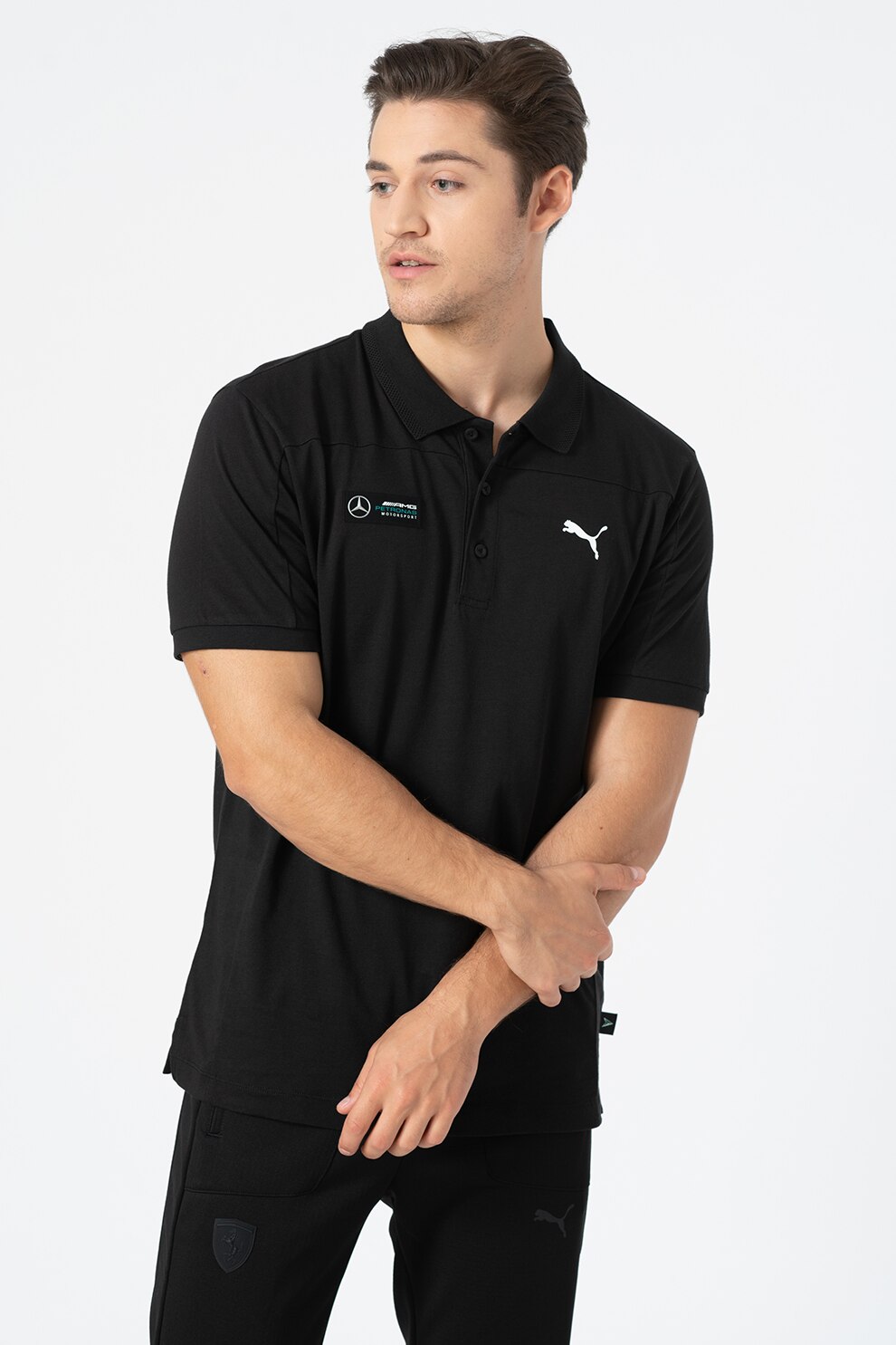 Puma, Normál szabású galléros póló logós részlettel, Fekete/Fehér, S ...