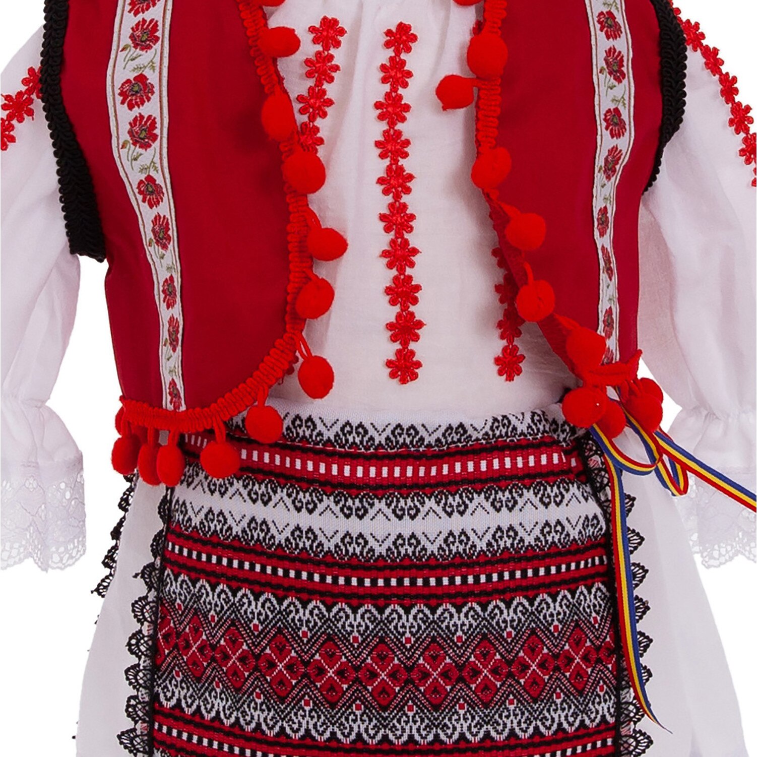 Costum popular traditional Ana, maneca lunga, 6 piese, alb-rosu, 0-3 ...