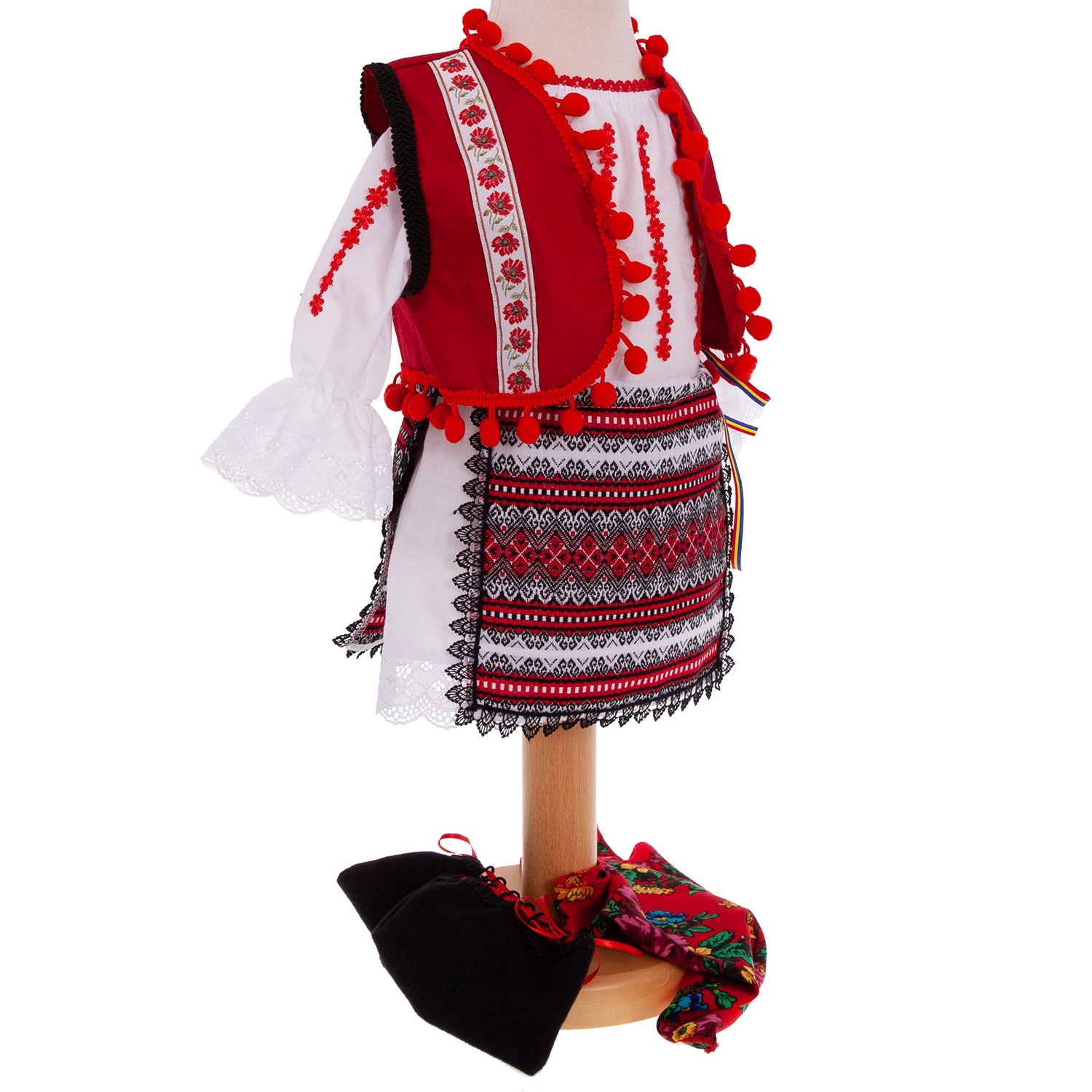 Costum popular traditional Ana, maneca lunga, 6 piese, alb-rosu, 0-3 ...