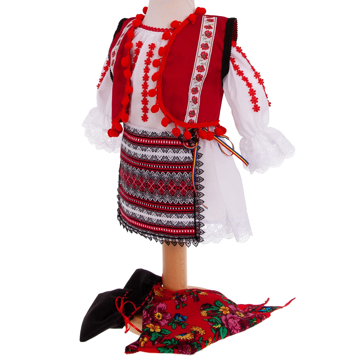 Costum popular traditional Ana, maneca lunga, 6 piese, alb-rosu, 0-3 ...