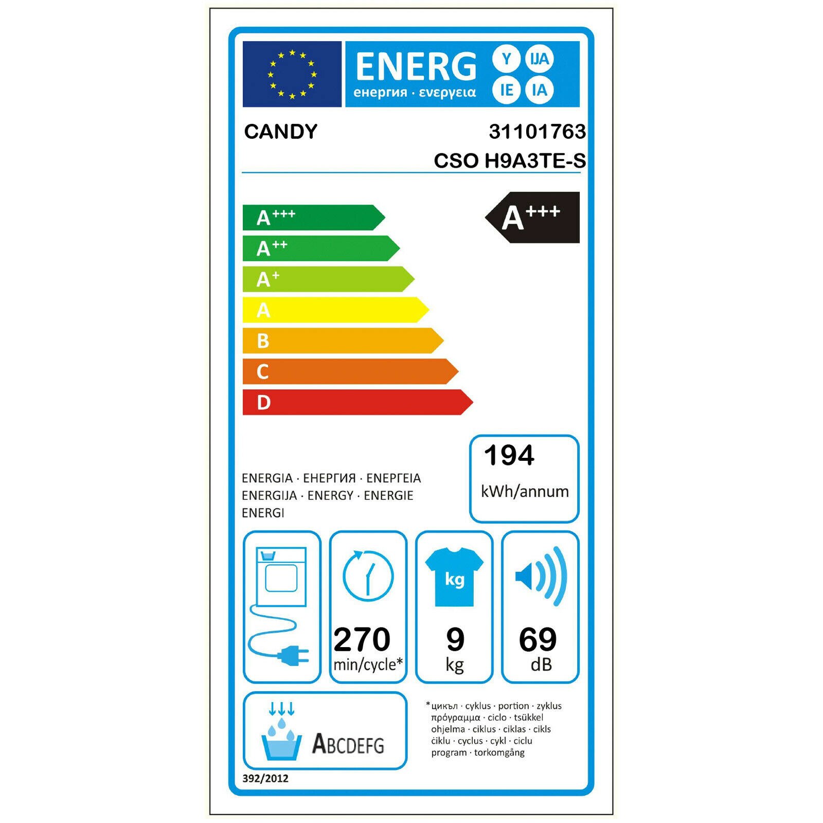 Сушилня Candy CSO H9A3TE-S, Термопомпа, Капацитет 9кг, 15 програми ...