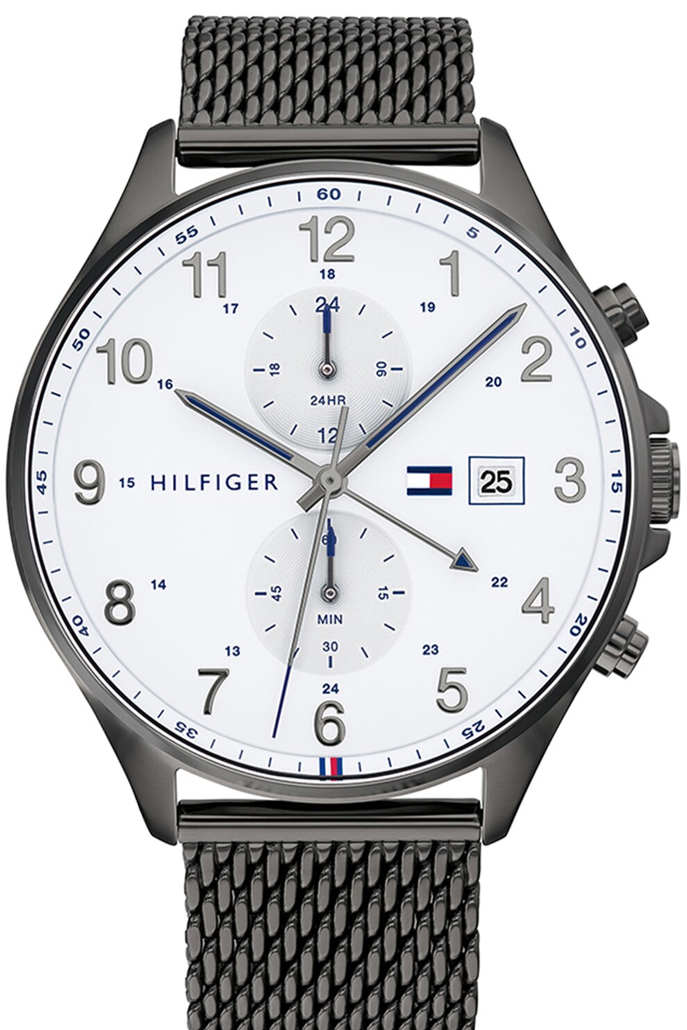 Tommy Hilfiger, Мултифункционален часовник с мрежеста верижка, Тъмносив ...